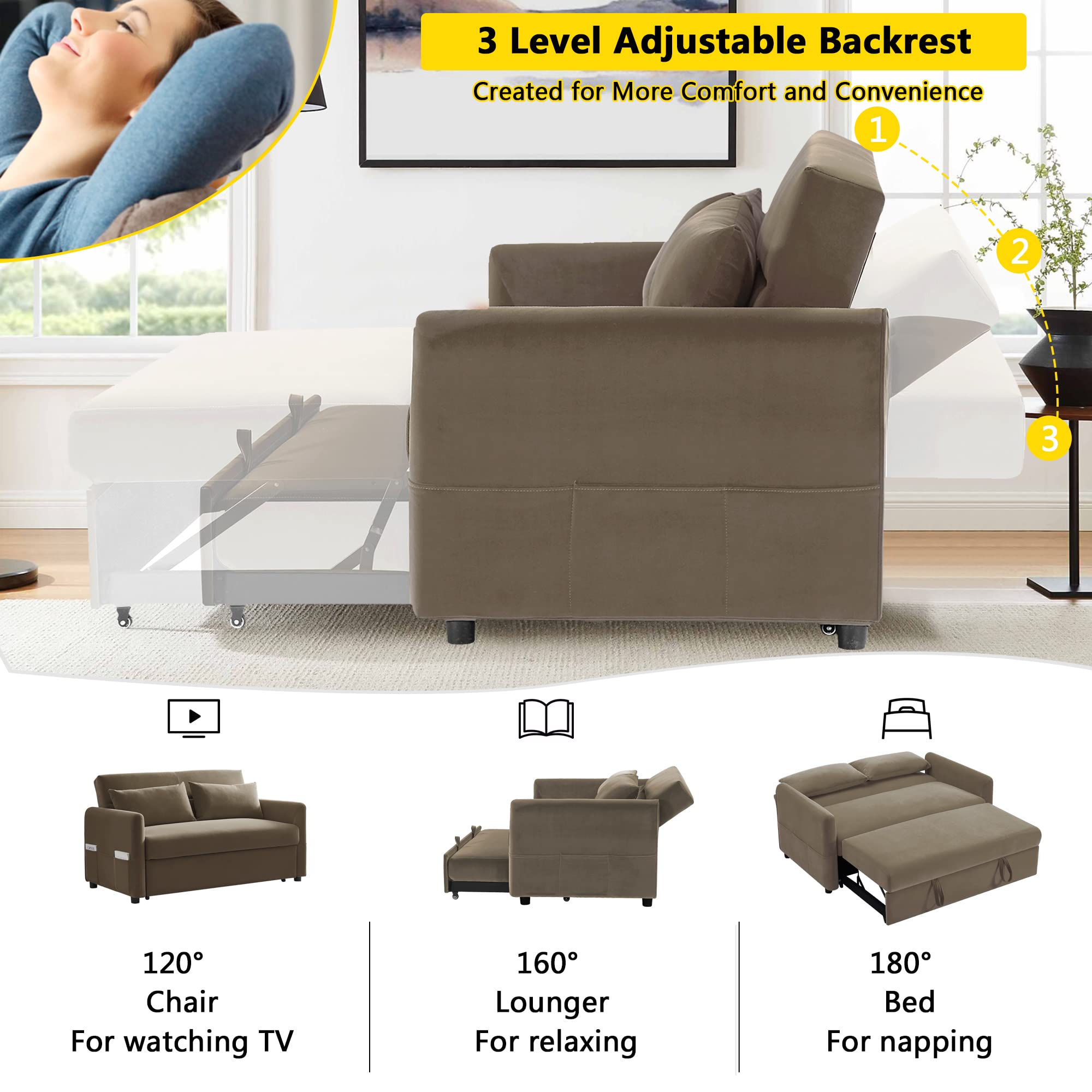 HUMEHA 57" Convertible Sleeper Sofa Bed, 3 in 1 Upholstered Velvet Loveseat Sofa with Put Out Bed, Modern 2 Seats Couch with Adjustable Back, 2 Pillows Side Pocket for Living Room RV, Brown