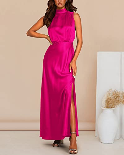 BTFBM Women Sleeveless Mock Neck Cocktail Dresses Keyhole Elastic Waist Party Wedding Guest Satin High Split Maxi Dress(Solid Rose Red, Medium)