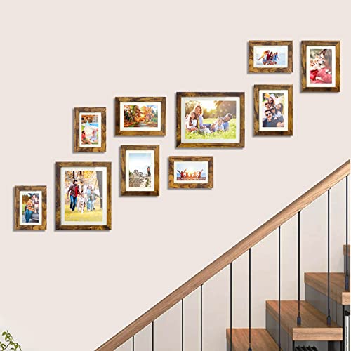 EOMEOH Picture Frames Set of 10, Wood Picture Frame with Mat and HD Glass Including 4×6 5×7 8×10 Inch Photo Frames for Wall or Tabletop (Brown)