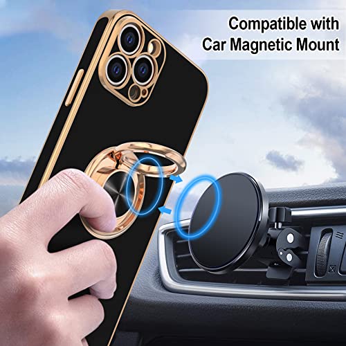 Hython Case for iPhone 13 Pro Max Case with Ring Stand [360°Rotatable Ring Holder Magnetic Kickstand] [Plated Rose Gold Edge] Slim Soft TPU Cover Luxury Protective Phone Case for Women Men, Black