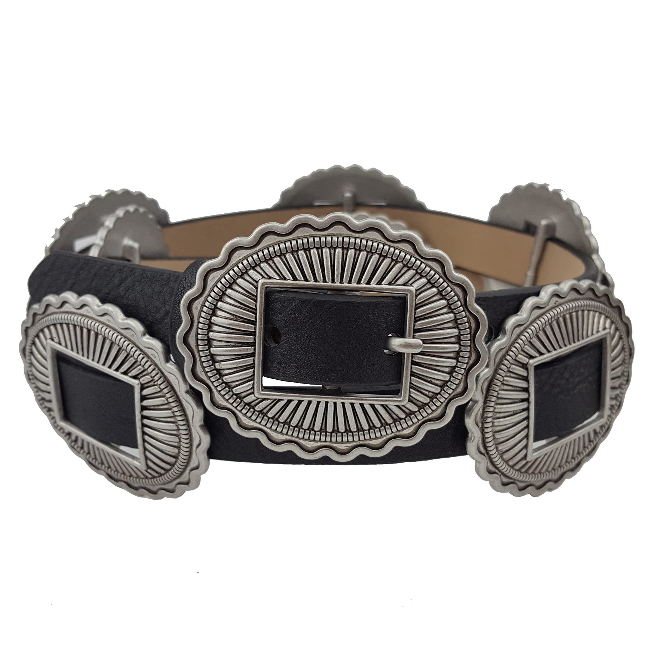Axesoria Skinny Western Buckle with conchos in Non-Animal Leatherette Belt (S/M, Black(Packed Conchos))