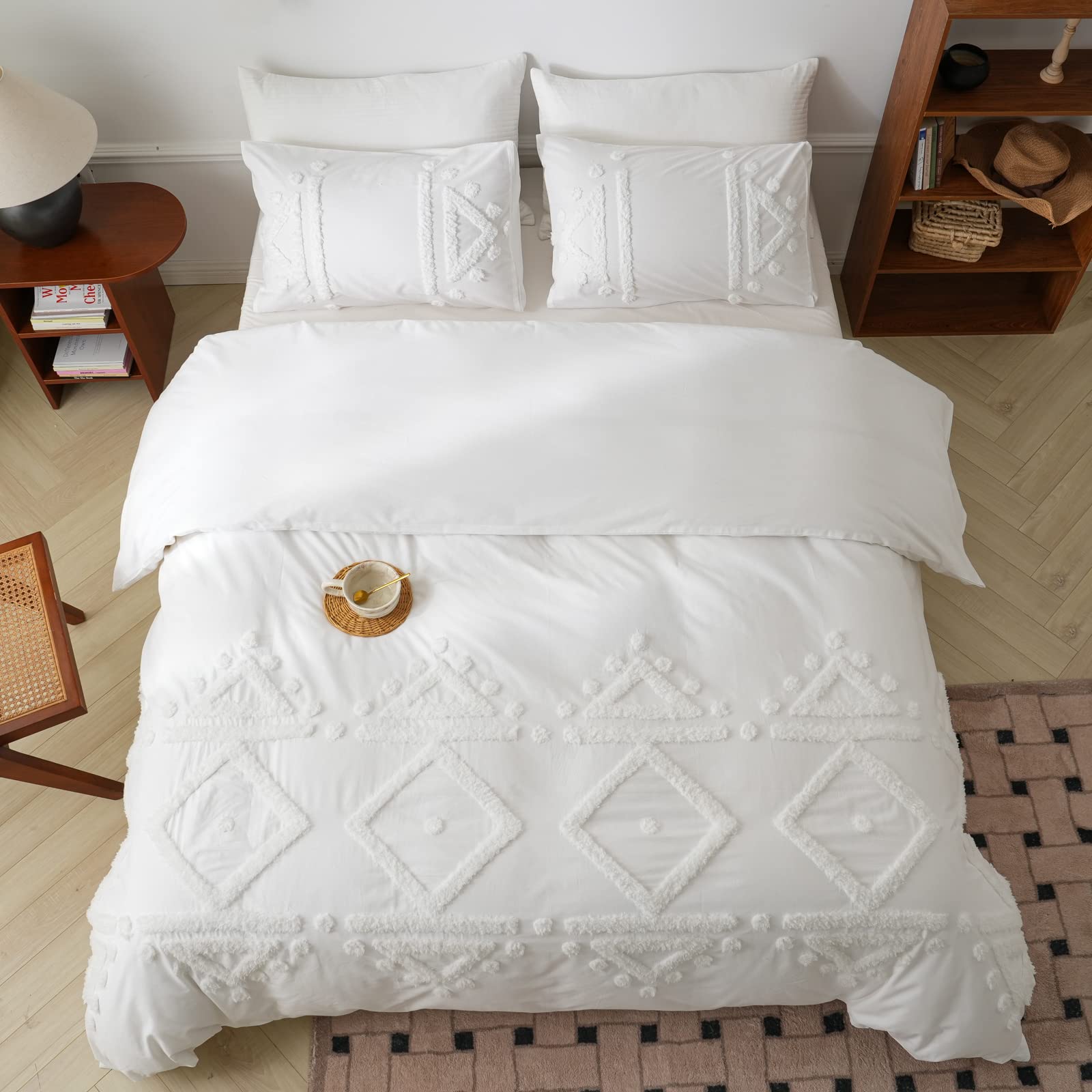 Simple&Opulence 100% Cotton Boho Tufted Duvet Cover Set, 3Pcs Textured Embroidery Comforter Cover Set -1 Duvet Cover&2 Pillowcases, Jacquard Shabby Chic Farmhouse Bedding for All Season(White, Queen)