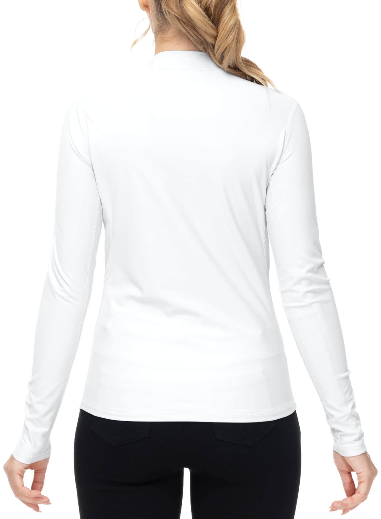 BASUDAM Women's Long Sleeve Workout Tops Compression Shirts Slim Fit Brushed Lining Stretch Mock Neck Athletic Running White L