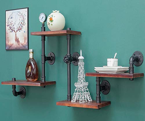 DOFURNILIM Industrial Rustic Wall Wood Pipe Ladder Floating Shelves - DIY Modern Storage Shelving Bookshelf for Bathroom Kitchen Office Home – Steampunk Bookcase (Floating Ladder shelves-51.18“W)