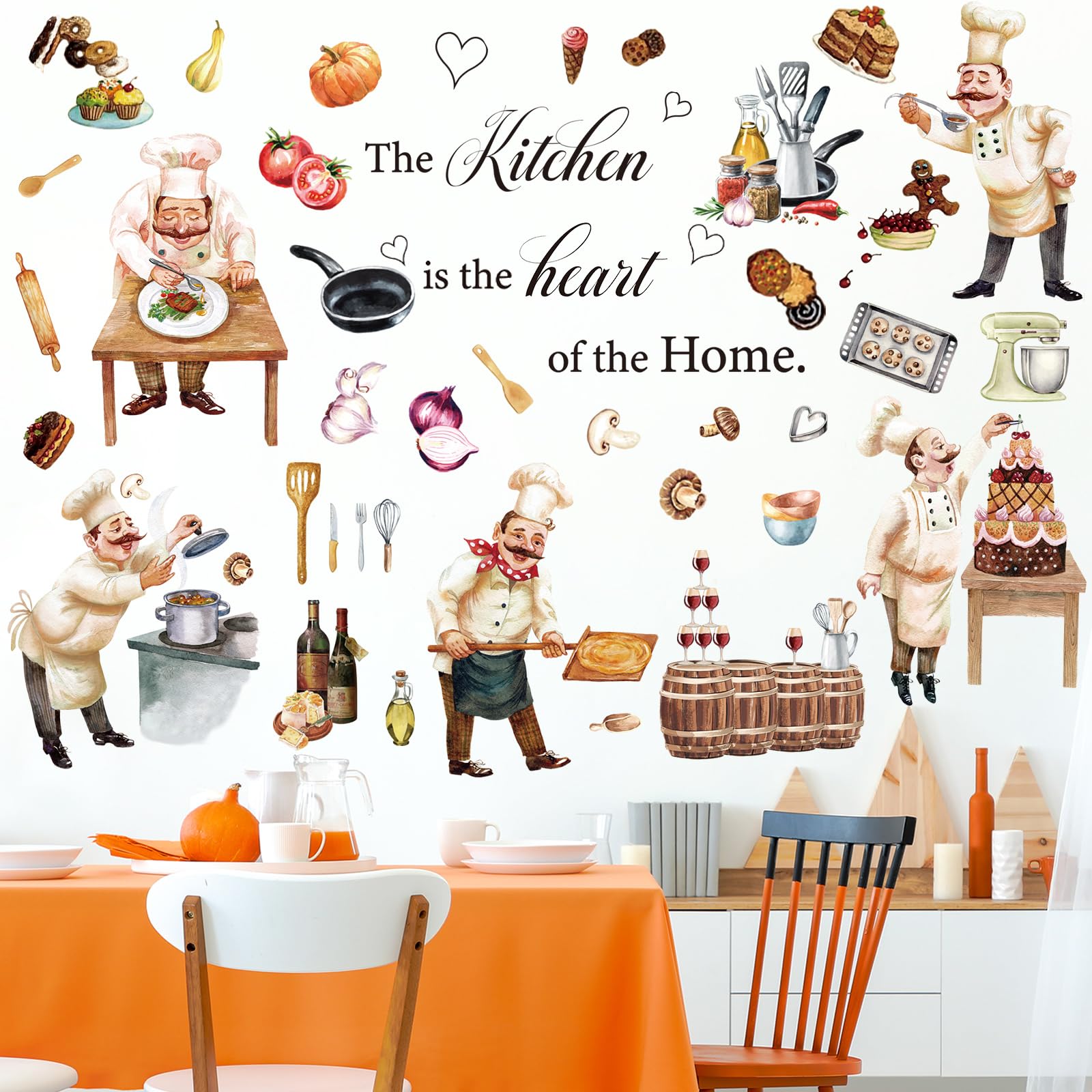 Chefs Peel and Stick Wall Decals Italian Fat Chefs Wall Stickers Cooking Wall Sticker Wine Cake for Kitchen Restaurant Dining Room Home Wall Decoration, 6 Sheets