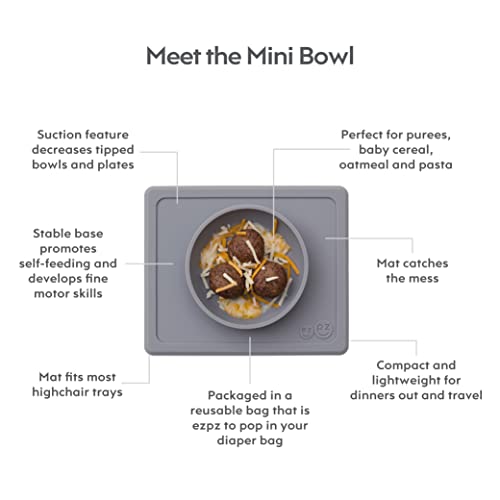 ezpz Mini Bowl - 100% Silicone Suction Bowl with Built-in Placemat for Infants + Toddlers - Comes with a Reusable Travel Bag (Gray)