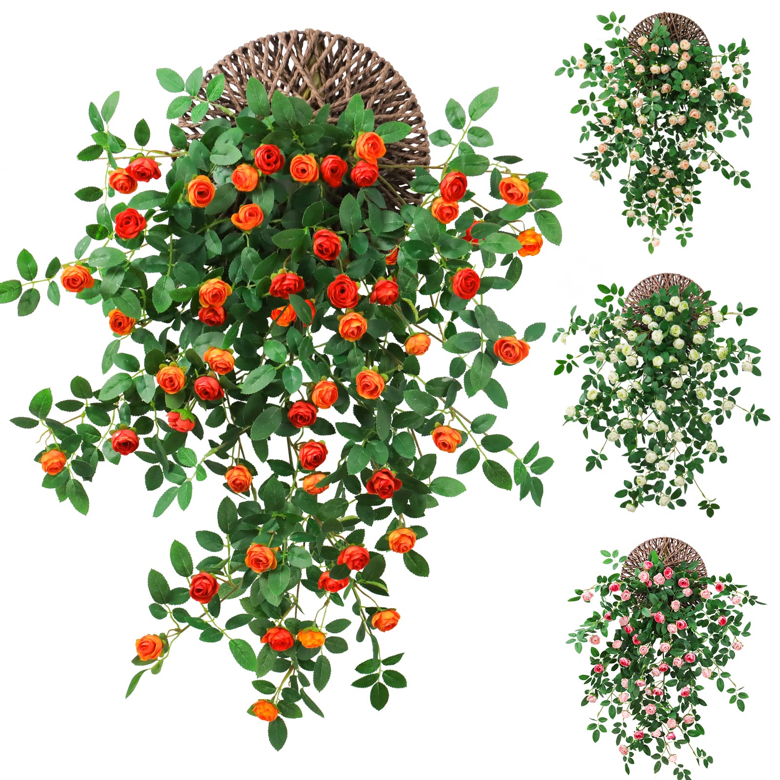 RIDDSEE Artificial Hanging Flowers Rose with Basket - Fake Silk Floral Hanging Ivy Greenery Faux Flower Long Vines for Wall Home Room Garden Wedding Indoor Outdoor Decoration (Orange)