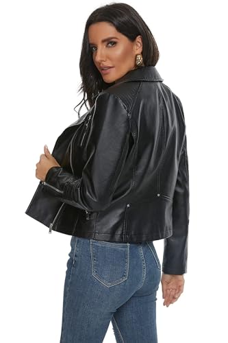 Fahsyee Women's Leather Jackets, Faux Motorcycle Plus Size Moto Biker Coat Short Lightweight Vegan Pleather Fashion, Black, M