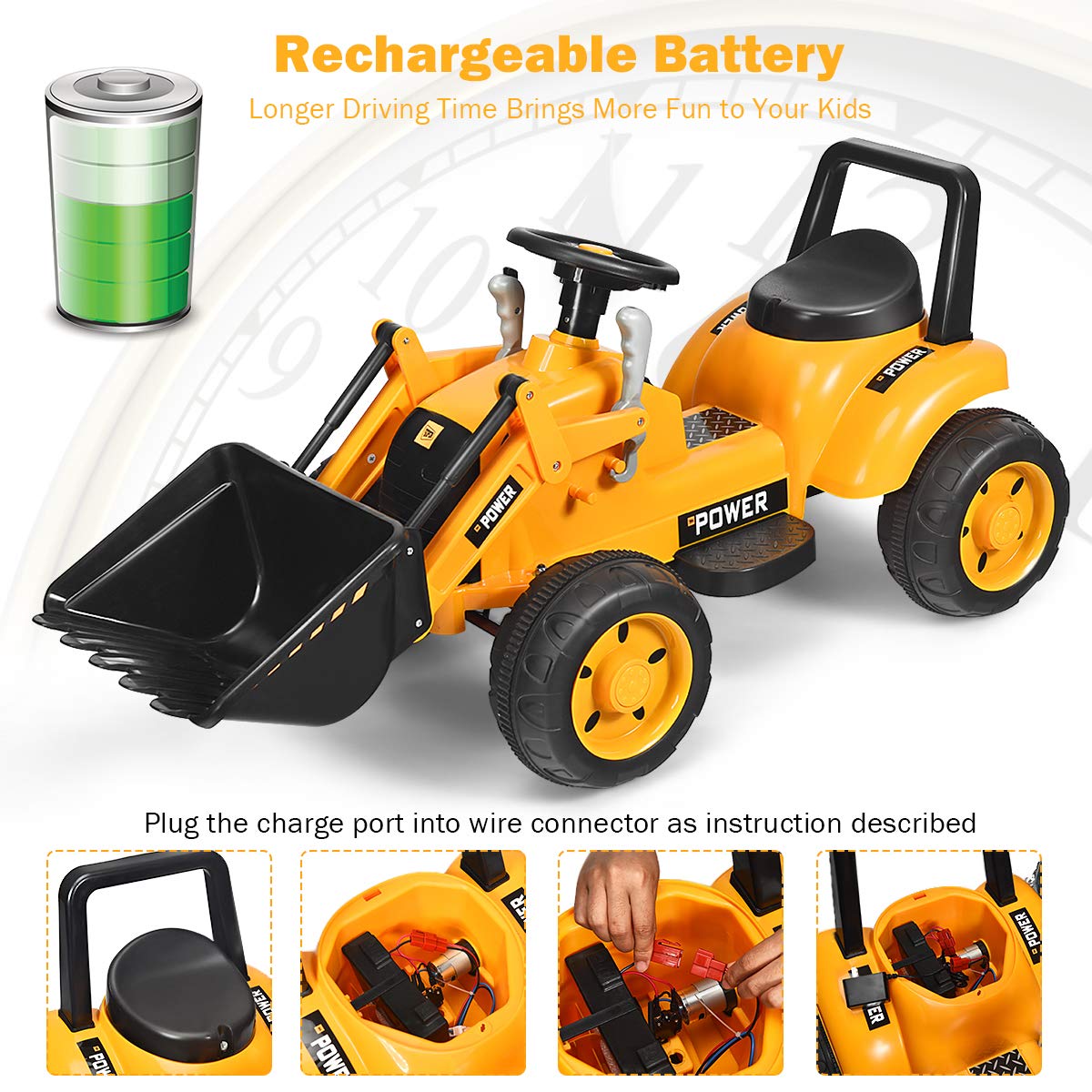 HONEY JOY Ride On Excavator, 6V Battery Powered Wheeled Loader Digger with Working Front Bucket, Forward/Backward, Electric Construction Vehicle for Kids, Ride On Tractor for Boys Girls, Yellow
