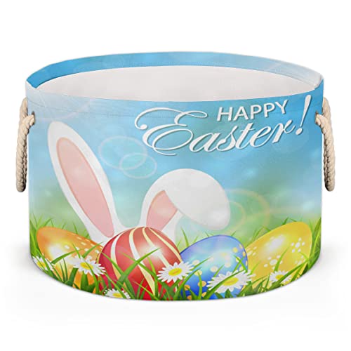 Happy Easter Eggs And Rabbit Large Round Baskets for Storage Laundry Baskets with Handles Blanket Storage Basket for Bathroom Shelves Bins for Organizing Nursery Hamper Girl Boy
