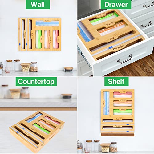 Creatart Bamboo Foil and Plastic Wrap Dispenser with Cutter 6 in 1 Ziplock Bag Storage Organizer for Drawer 12" Food Storage Bag Organizer for Gallon, Quart, Sandwich and Snack