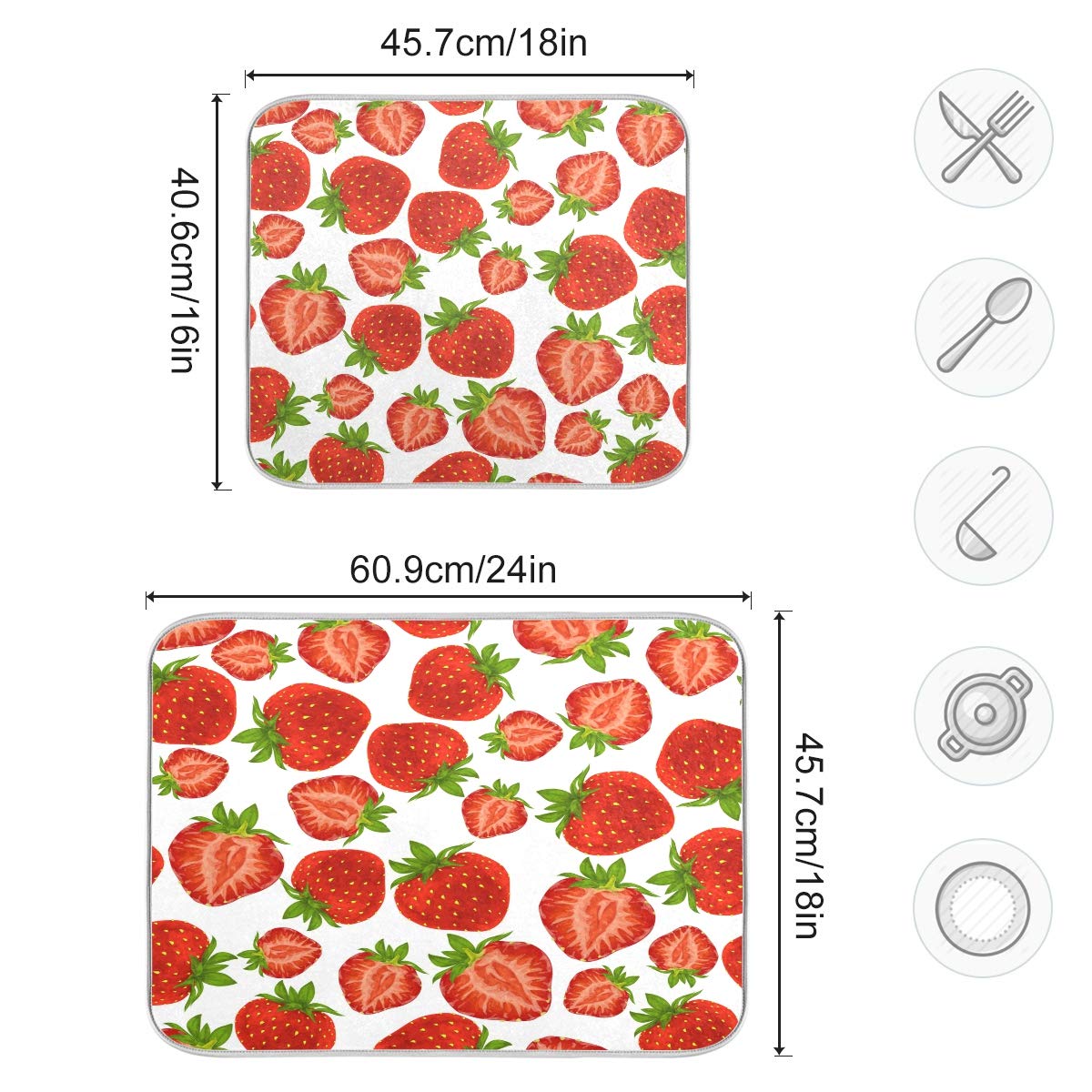 Baofu Dish Drying Mat for Kitchen Counter, Summer Strawberry Fruit Ultra Absorbent Reversible Microfiber Dishes Drying Rack Pad Heat-resistant Mats 16x18in