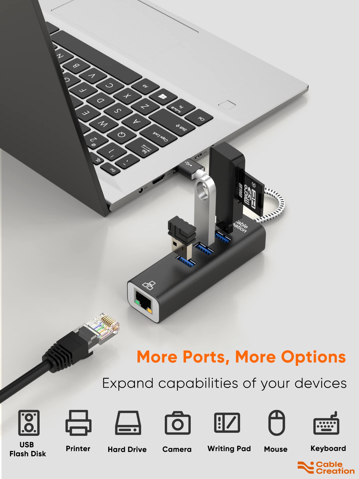 USB to Ethernet Adapter, CableCreation 3-Port USB 3.0 Hub, USB 3.0 Ethernet Adapter RJ45 10/100/1000 Mbps Gigabit Compatible with Windows PC, Laptop, MacBook Pro, USB Flash Drives etc, Aluminum Black