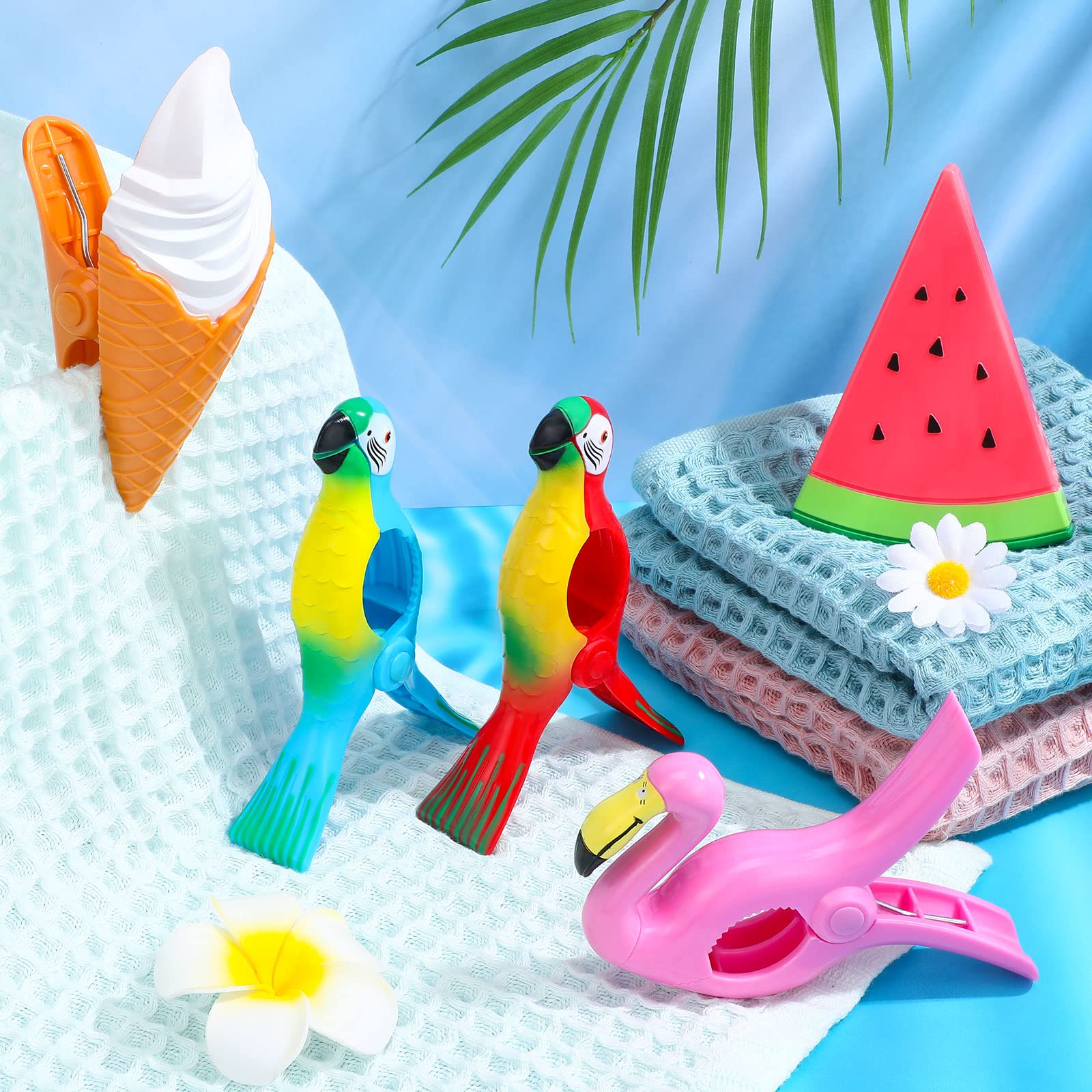 CHENGU 10 Pcs Beach Towel Clips Towel Clips Chair Holders for Beach Chairs Jumbo Size Plastic Clothes Pins Flamingo Parrot Pineapple Watermelon Seashell Ice Cream Beer Mug(Novelty Style)