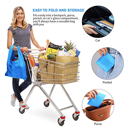 Chumia 50 Pack Reusable Grocery Bags Foldable Portable Shopping Bags Polyester Washable Grocery Bag with Handles (Sky Blue)