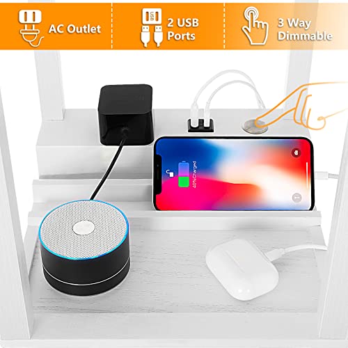 FOLKSMATE Touch Control Shelf Floor Lamp, Modern Dimmable LED Standing Lamps with Shelves, 2 Fast Charging USB Ports and Power Outlet, Wood Tall Light for Living Room, Bedroom, Bedside,White