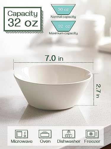 DOWAN 32 OZ Large Soup Bowls Set of 4 - White Ceramic Bowls for Ramen, Cereal, Pasta, Salad, Fruit - Dishwasher & Microwave Safe