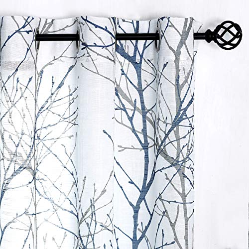 FMFUNCTEX Print Blue White Semi-Sheer Curtain Panels for Bedroom 63” Grey Tree Branch Printing on Linen Textured Window Treatment Set for Living Room Draperies 50”w 2-Pack