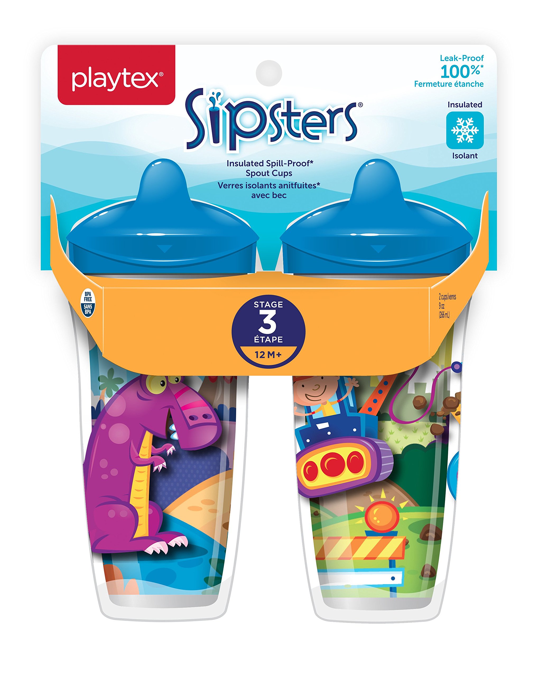 Playtex Sipsters Stage 3 Spill-Proof, Leak-Proof, Break-Proof Insulated Spout Sippy Cups for Boys - 9 Ounce - 2 Count