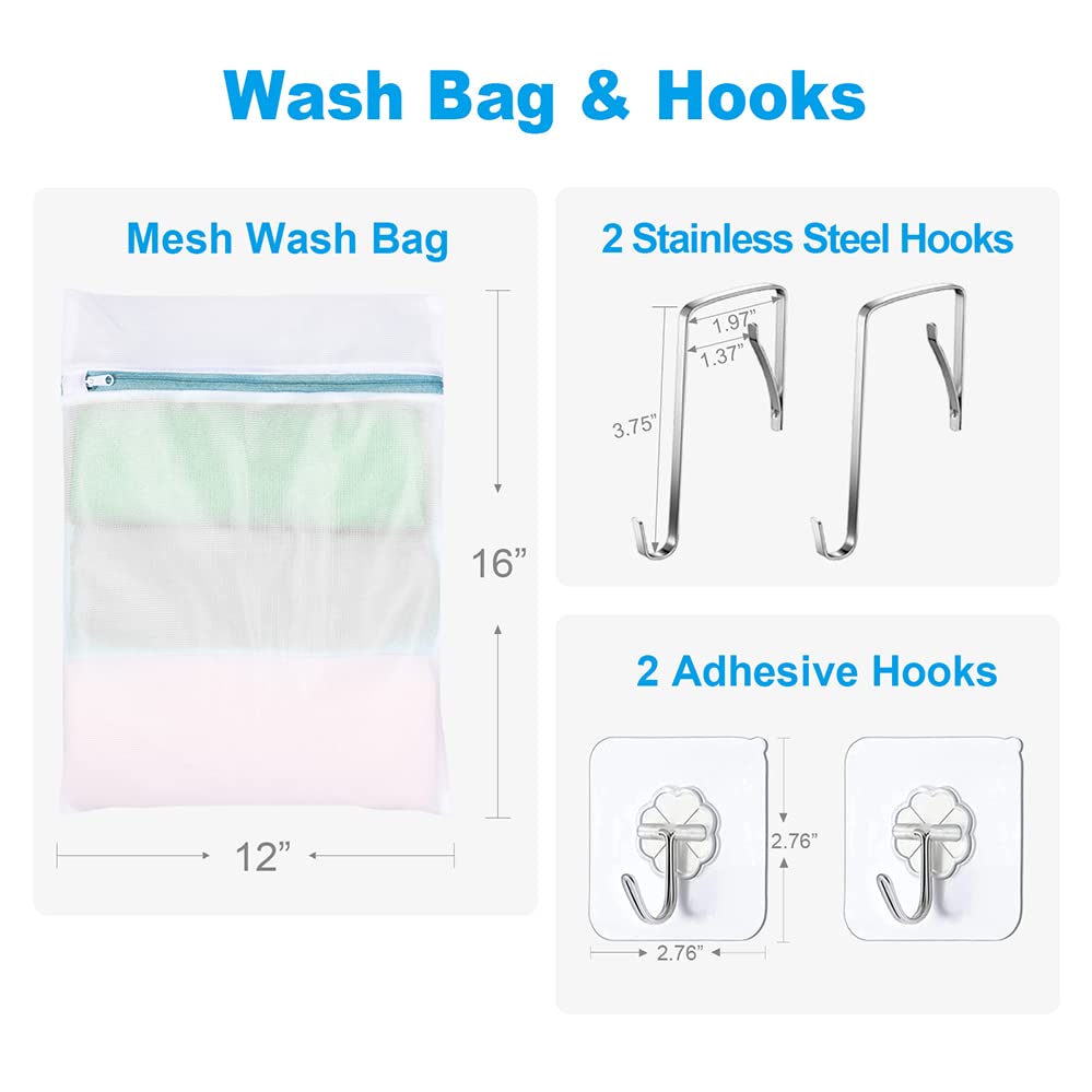 Hanging Laundry Hamper(35"L x 22"W) with 2 Adjustable Stainless Steel Over Door Hooks 30Lb & 2 Adhesive Hooks 2.75"L 25Lb& Grey Mesh Laundry Bag. Large Size Door Hamper for Kids Room, Bathroom, Dorm