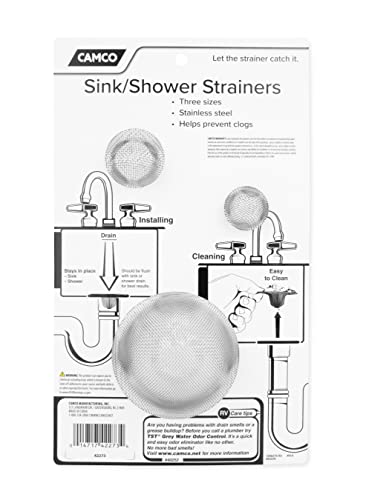 Camco Sink and Shower Drain Strainers | Designed to Keep Food and Hair Out of Plumbing | 3-Pack (42273)