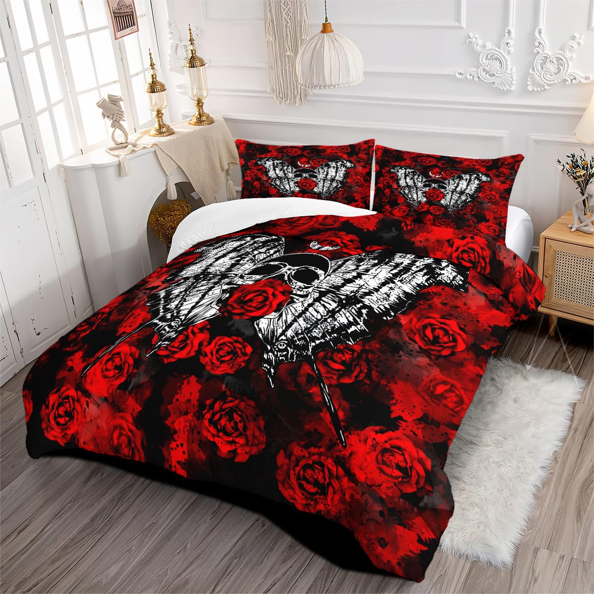 Menkala Red and Black Bedding Sets Queen Moth Duvet Cover Red Rose Bedding Black and White Floral Comforter Cover Room Decor 3Pcs for Women 3Pcs with 2 Pillowcases (Without Comforter)