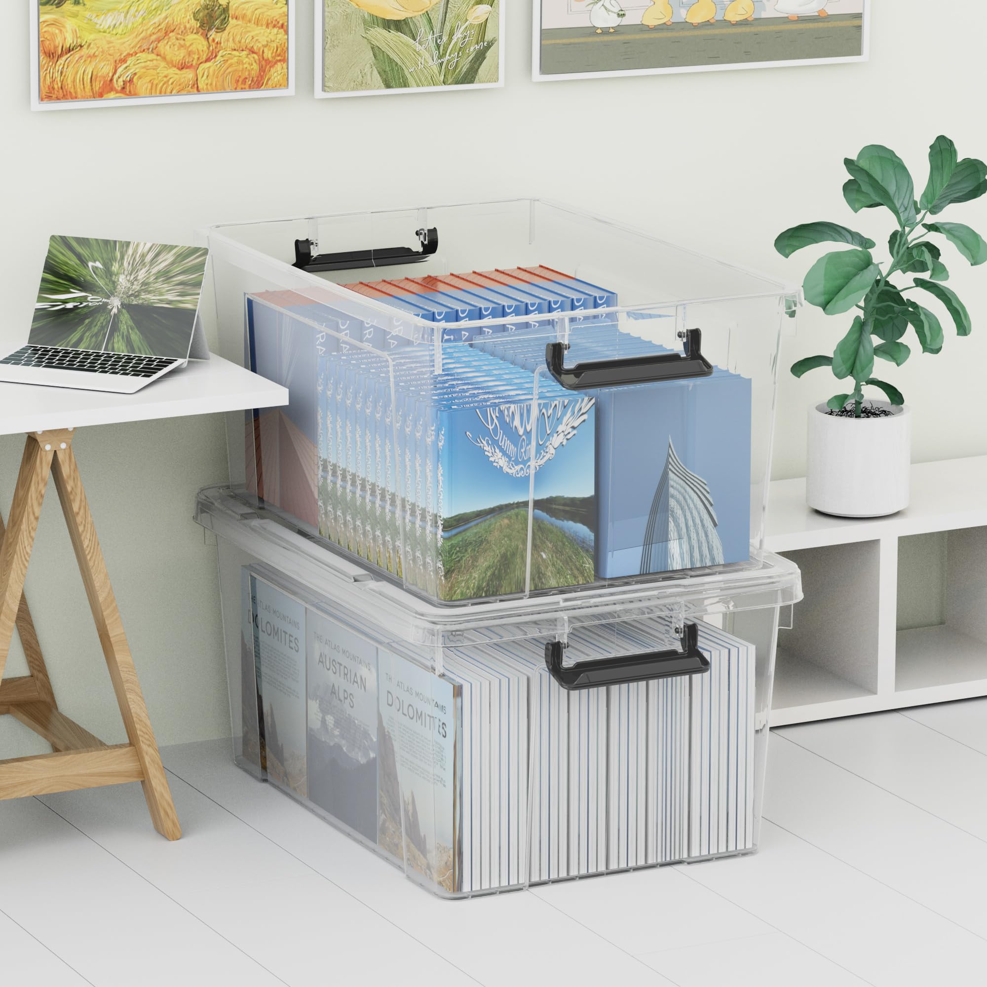 Cetomo 95Qt*4 Plastic Storage Bins, Storage Box, 4 Pack, Tote Organizing Container with Durable Lid, Secure Clips and Handle, Stackable and Nestable, Clear with Black Buckle