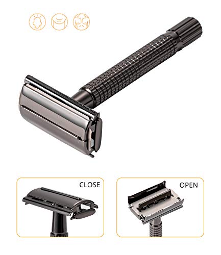 DreamGenius Double Edge Safety Razor, Long Handle Butterfly Open Razors for Men or Women,Single Blade Shaving Razor with 10 Stainless Steel,Double Edge Safety Razor Blades