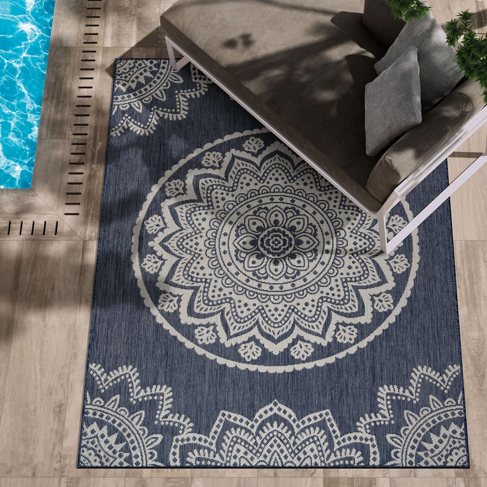 CAMILSON Outdoor Rug - Modern Area Rugs for Indoor and Outdoor patios, Kitchen and Hallway mats - Washable Outside Carpet (5x7, Medallion - Blue/White)