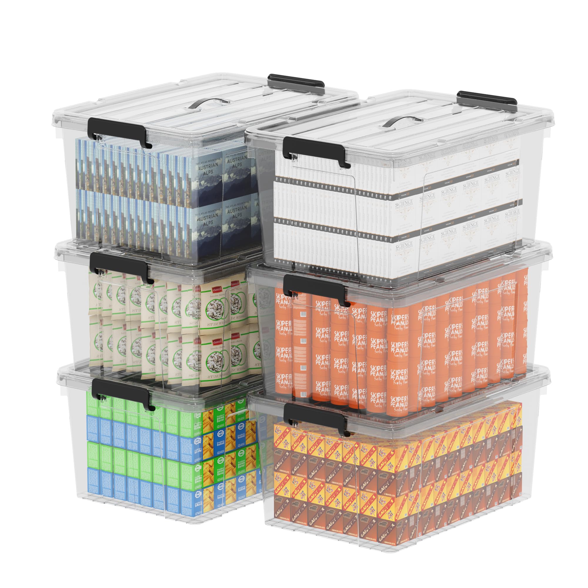 Cetomo 95Qt*6 Plastic Storage Bins, Storage Box, 6 Pack, Tote Organizing Container with Durable Lids and Secure Latching Buckles, Stackable and Nestable, Clear with Black Buckle