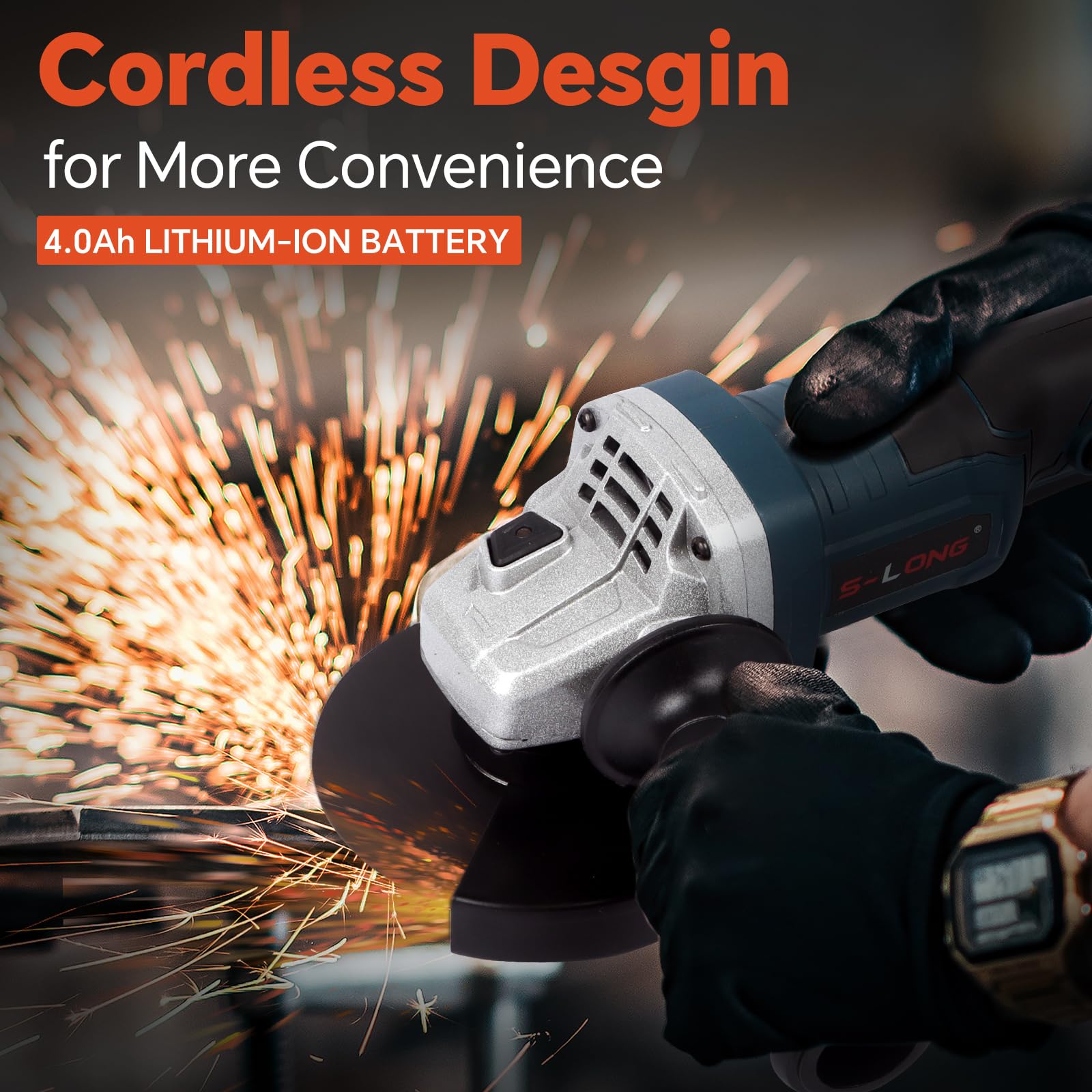 S-LONG Cordless Angle Grinder with 4.0AH Batterie, 20V Power Angle Grinder Tools with Fast Charger, 9000 RPM Brushless Motor Metal Grinder, 4-1/2'' Cutting Wheels, Flap Disc for Cutting