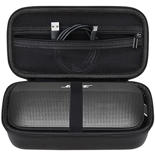 Elonbo Speaker Travel Case for Bose SoundLink Flex Bluetooth Portable Speaker, Outdoor Travel Wireless Waterproof Speaker Carrying Bag Storage Holder, Mesh Pocket for USB Type C Cable Charger, Black