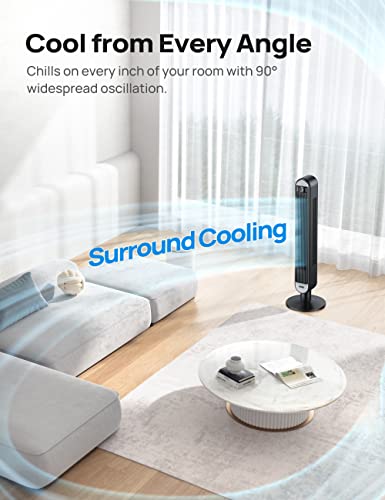 Dreo Smart Tower Fans for Home, 90° Oscillating Fan for Bedroom Indoors, Voice Control Floor Fan with 12H Timer, 42 Inch Quiet Bladeless Standing Fan with LED Display, 6 Speeds, Work with Alexa/Google