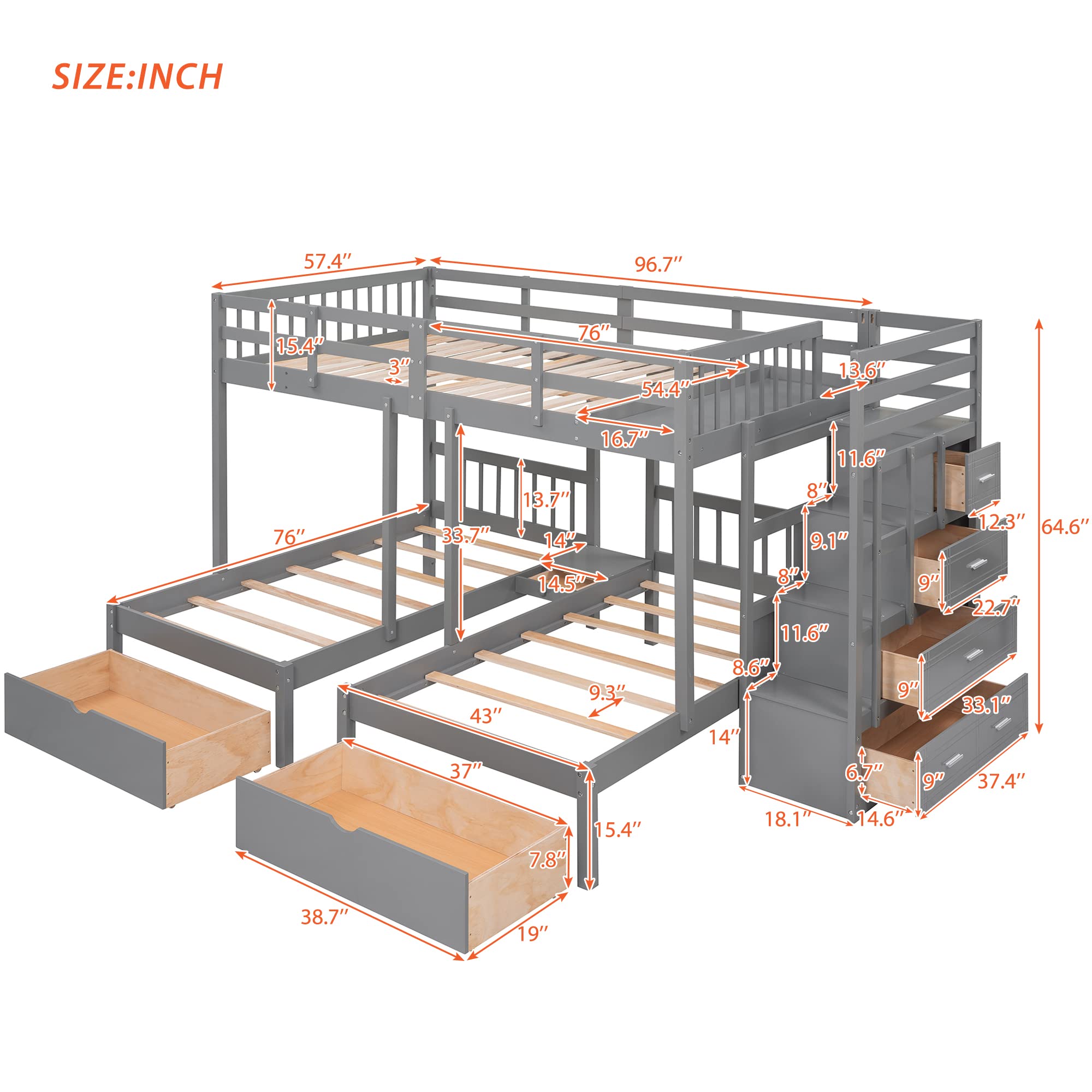 Full Over Twin & Twin Bunk Bed, Wood Triple Bunk Bed Frame with with Staircase, Drawers and Guardrails, Multi-Functional Bunk Bed for Kids, Teens, Adults (Gray*Staircase)