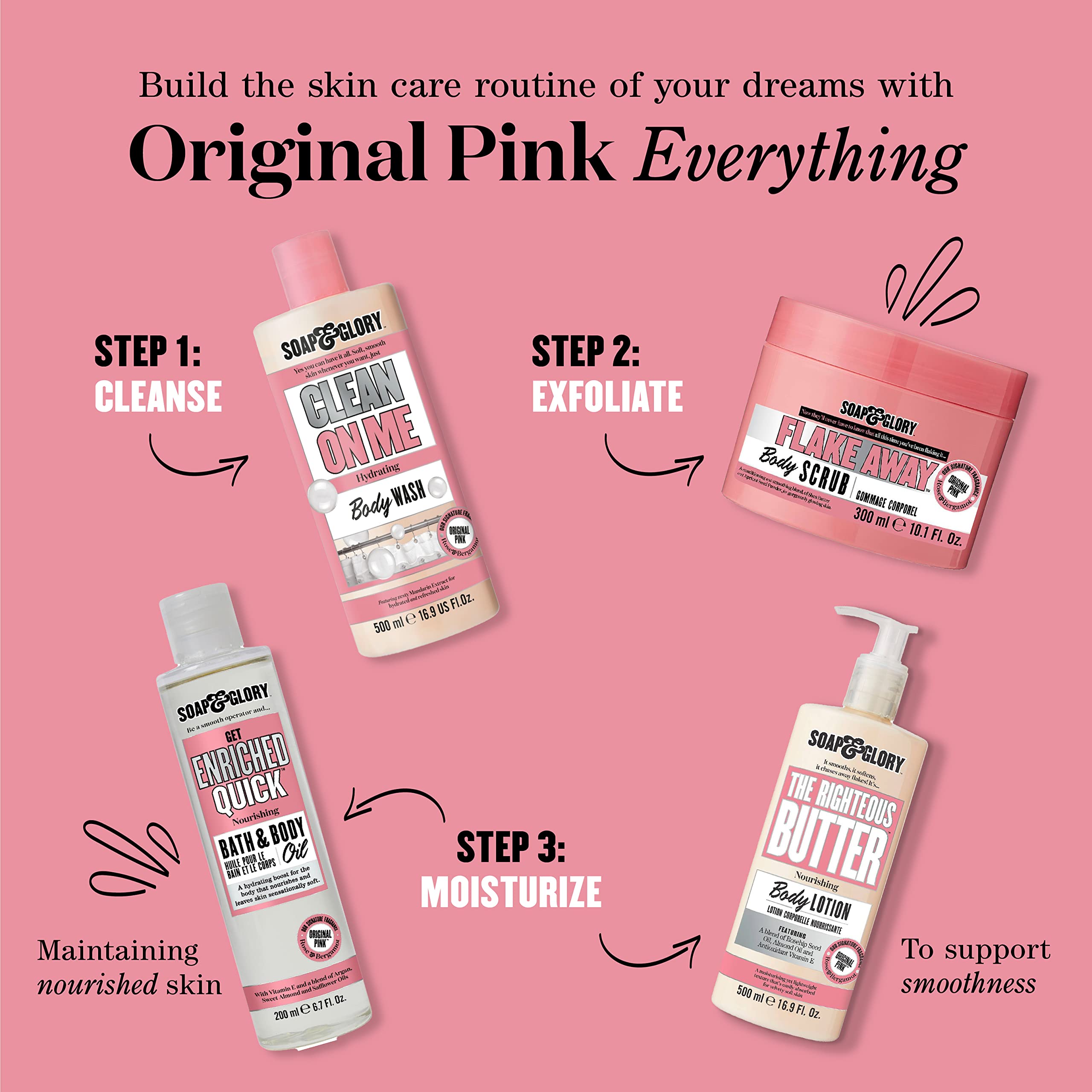 Soap & Glory Original Pink The Righteous Butter Moisturizing Body Lotion Pump - Shea Butter, Vitamin E & Aloe Vera Body Moisturizer - Rose & Bergamot Scented Lotion (500ml)