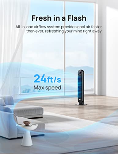 Dreo Tower Fan for Bedroom, 24ft/s Velocity Quiet Cooling Fan, 90° Oscillating Fans for Indoors with 4 Speeds, 4 Modes, 8H Timer, Bladeless Fan, Standing Floor Fans, Black, Nomad One (DR-HTF007)