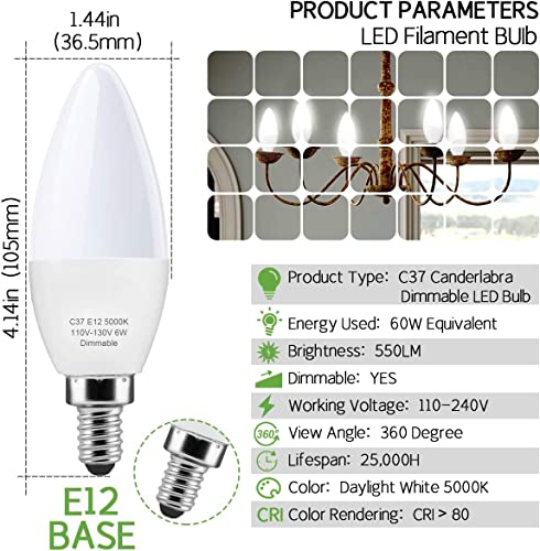 E12 LED Candelabra Light Bulbs Dimmable, 60 Watt Equivalent, Ceiling Fan Light Bulbs Daylight White 5000K, 550Lumens for Home Lighting Decorations, 6 Pack