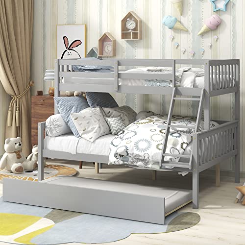 DEYOBED Twin Over Full Convertable Wooden Bunk Bed with Trundle for Kids Teens Adults