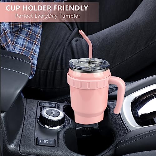 Camicour 40 Oz Tumbler With Handle Insulated Travel Mug With Straw,Reusable Stainless Steel Water Bottle Travel Mug Iced Coffee Cup,Keeps Drinks Cold Up To 34 Hours Or Hot For 12 Hours (Pink)