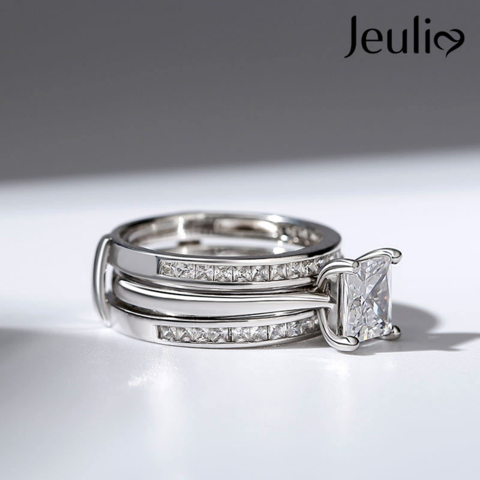 Jeulia 4.37 Carat Pricess Cut Cubic Zirconia Engagement Ring Diamond Wedding Bands for Women CZ Solitaire Sterling Silver Anniversary Bridal Promise Rings Set (7)