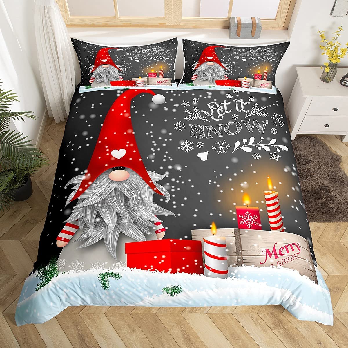 Erosebridal Xmas Bedding Sets Scandinavian Christmas Santa Gnomes Comforter Cover Snowing Santa Claus Bedding Sets for Kids Boys Girls Romantic Candlelight Quilt Cover 3 Pieces Full Size