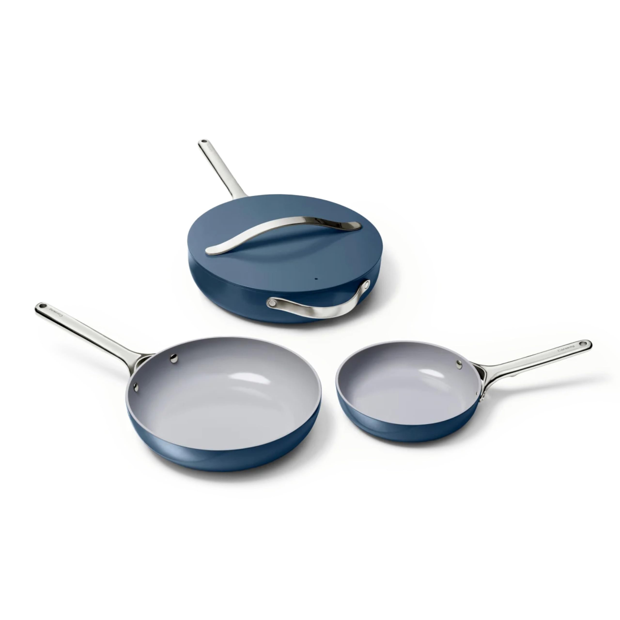 Caraway Fry Pan Trio - Non-Stick Frying Pans (10.5โ & 8โ) & Non-Stick Saute Pan - Non Toxic, PTFE & PFOA Free - Oven Safe & Compatible with All Stovetops (Gas, Electric & Induction) - Navy