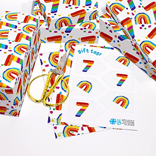 CENTRAL 23 Girls Wrapping Paper Birthday - Rainbow - 6 Sheets of White Gift Wrap - 7th Birthday Gift for Kids - Age 7 Seven - Comes with Stickers