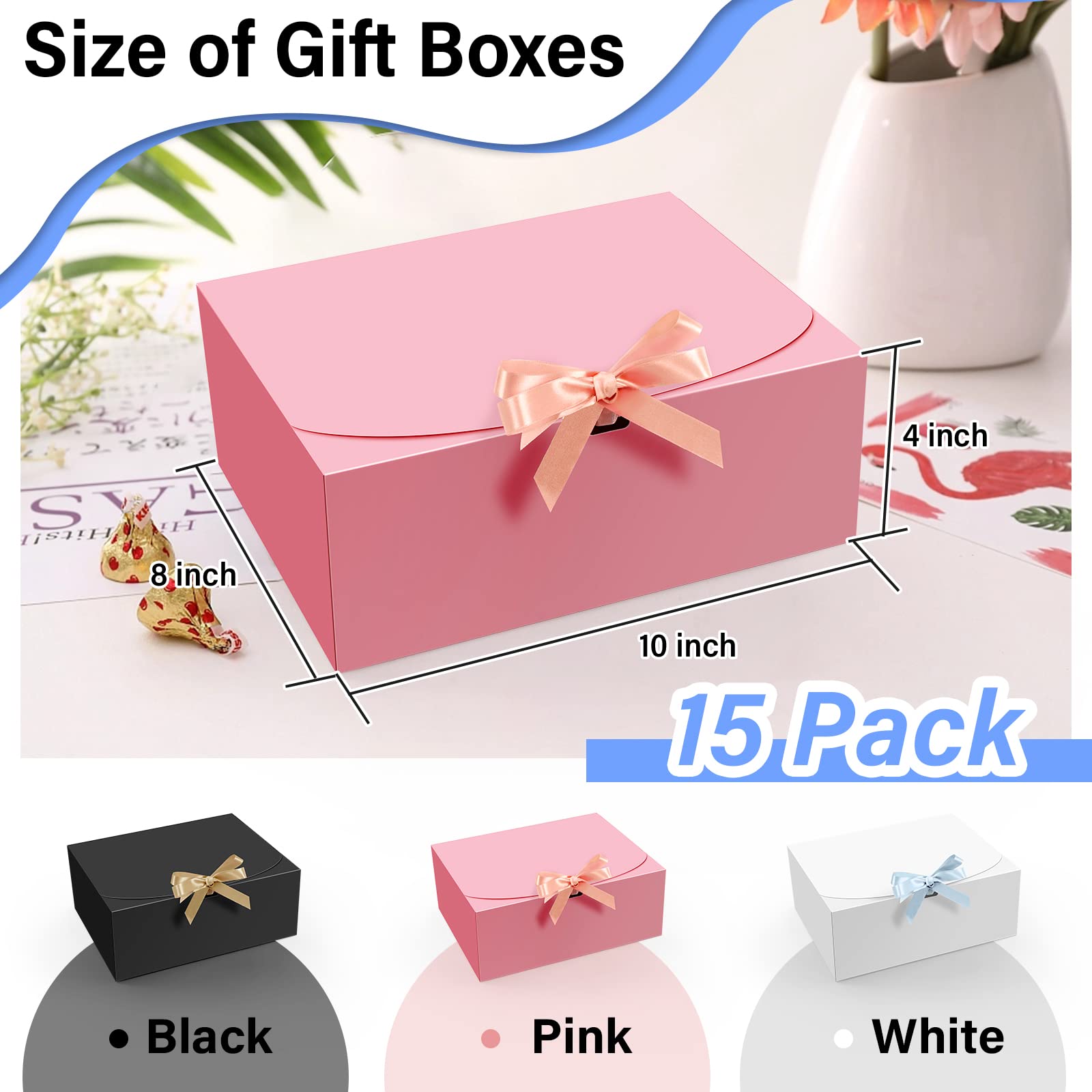 PEKGRIL 15 PCs Gift Boxes with Lids, Pink 10X8X4 Inch Gift Boxes, Bridesmaid Proposal Box with Ribbon, Kraft Paper Boxes for Wedding, Packaging, Present, Birthday, Christmas, Party