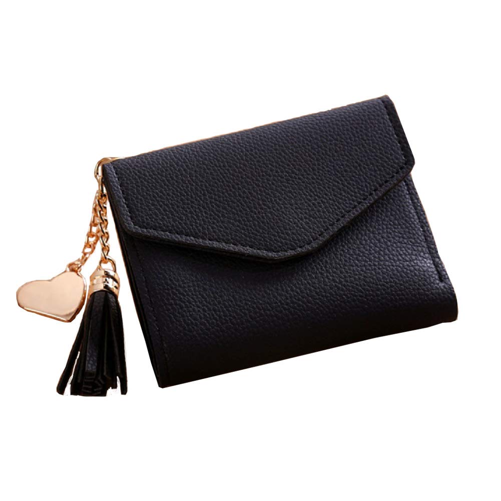 JewelryPal Small Mini Synthetic Black Leather Wallet for Women Girls Credit Card Holder Purse
