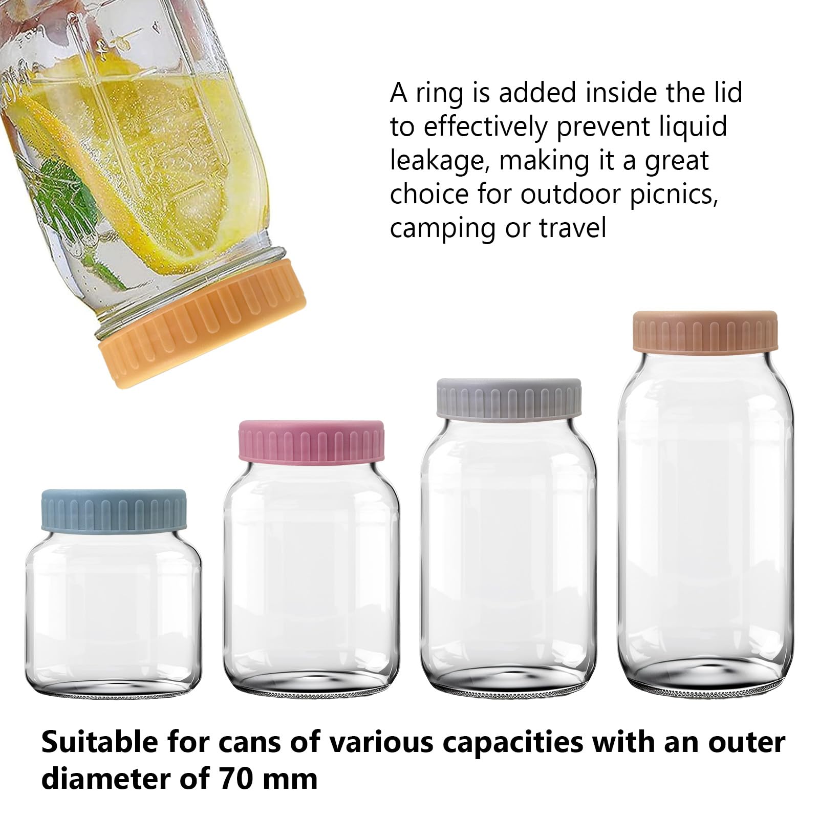 CJPSL Plastic Mason Jar Lids (8PCS) - Macaron Color Mason Jar Lids for Mason Jars, Ball Jars, Kerr Jars, etc. with Silicone Rings,Thickened and leakproof, Reusable Jar Lid Tops. (Regular mouth 70 mm)