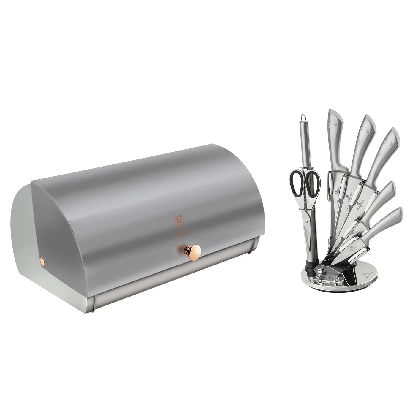 Berlinger Haus Stainless Steel Bread Box for Kitchen Countertop and Kitchen Knife Set with Block 8 Piece, Silver