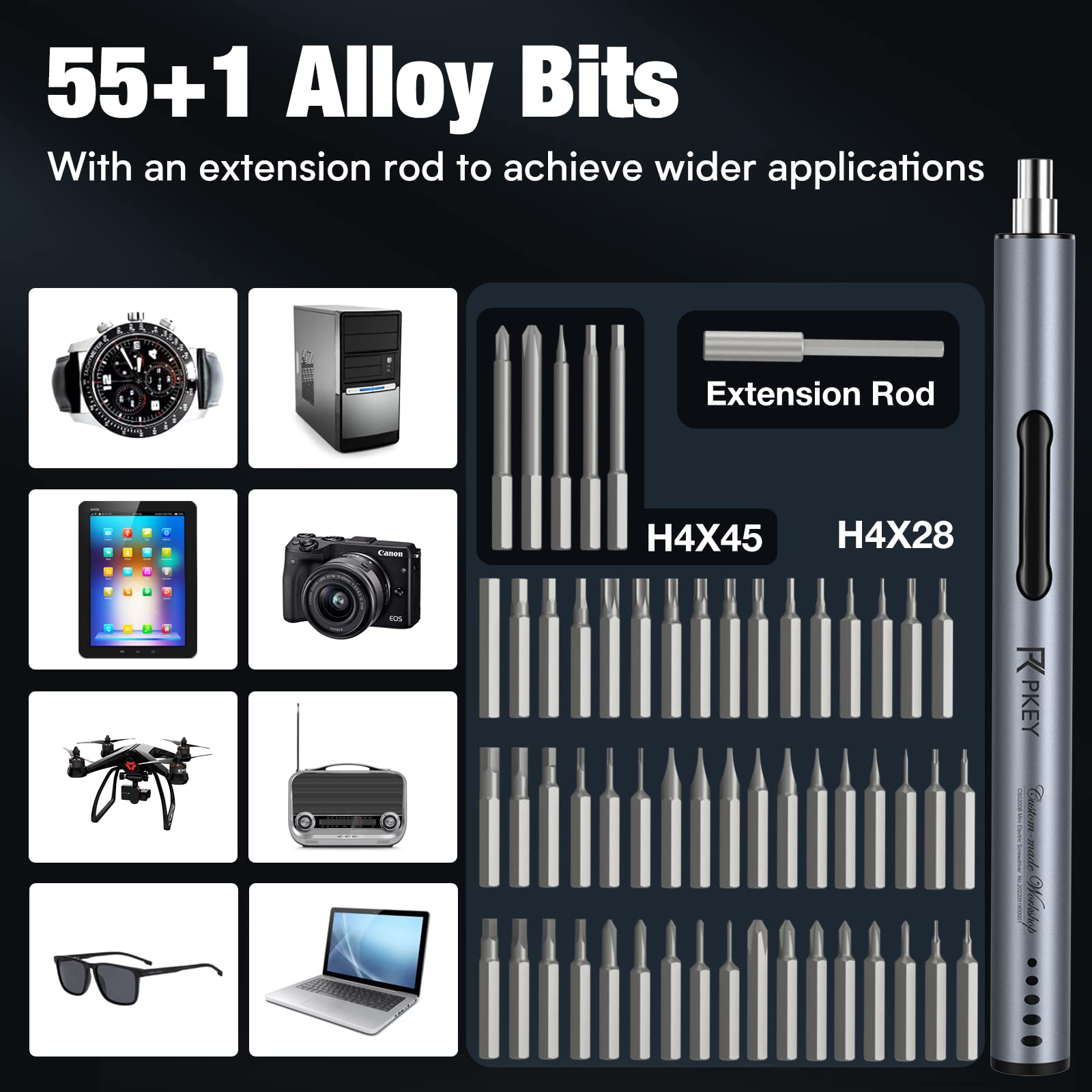 PKEY Cordless Electric Screwdriver，Electric Screwdriver Kit with 55 Magnetic Precision Bits ，2 Torque Settings，3 LED Light, Ideal For Computer, Bookcase, Bicycle，Watch