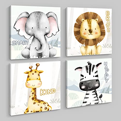 Creoate Kids Room Decor Wall Art, 4 Pieces Cute Animal Picture with Inspirational Quotes Canvas Print Artwork Framed Set Adorable Nursery Wall Art for Kid Baby Child Room (12x12 Inch x4pcs)