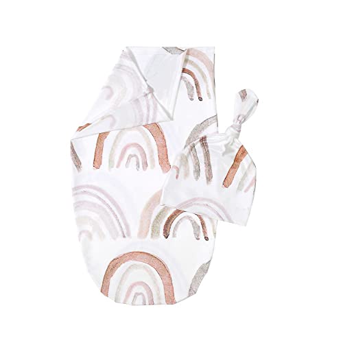 Baby Cocoon Swaddle Blanket Newborn Girl Swaddle and Headband Set Purple Soft Stretchy Flowers Floral Print Wrap Shower Gift (Rainbow)